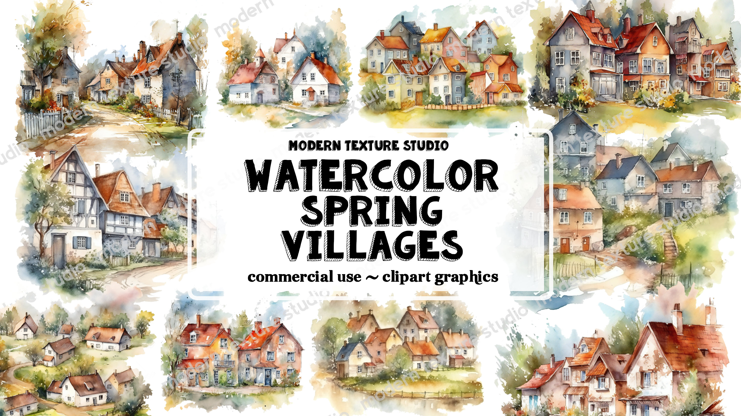 Watercolor Spring Villages Clipart - 14 Piece Springtime Cute Little ...