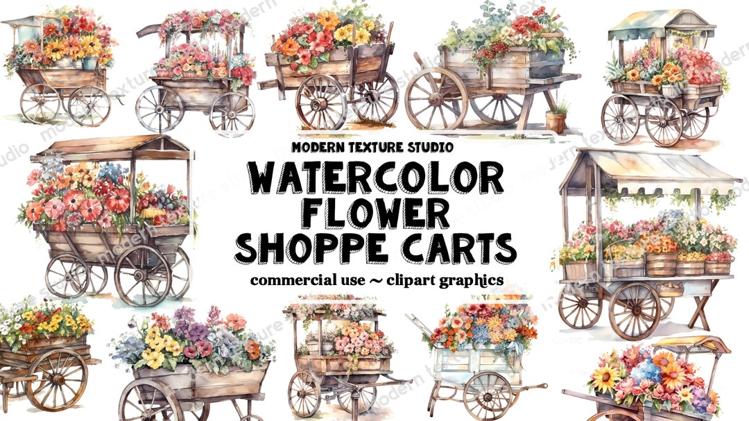 Watercolor Flower Carts Clipart - 17 Piece Transparent Background ...