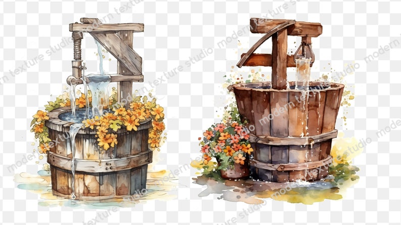 Watercolor Spring Water Wells Clipart - 14 Piece Springtime Cute Little ...