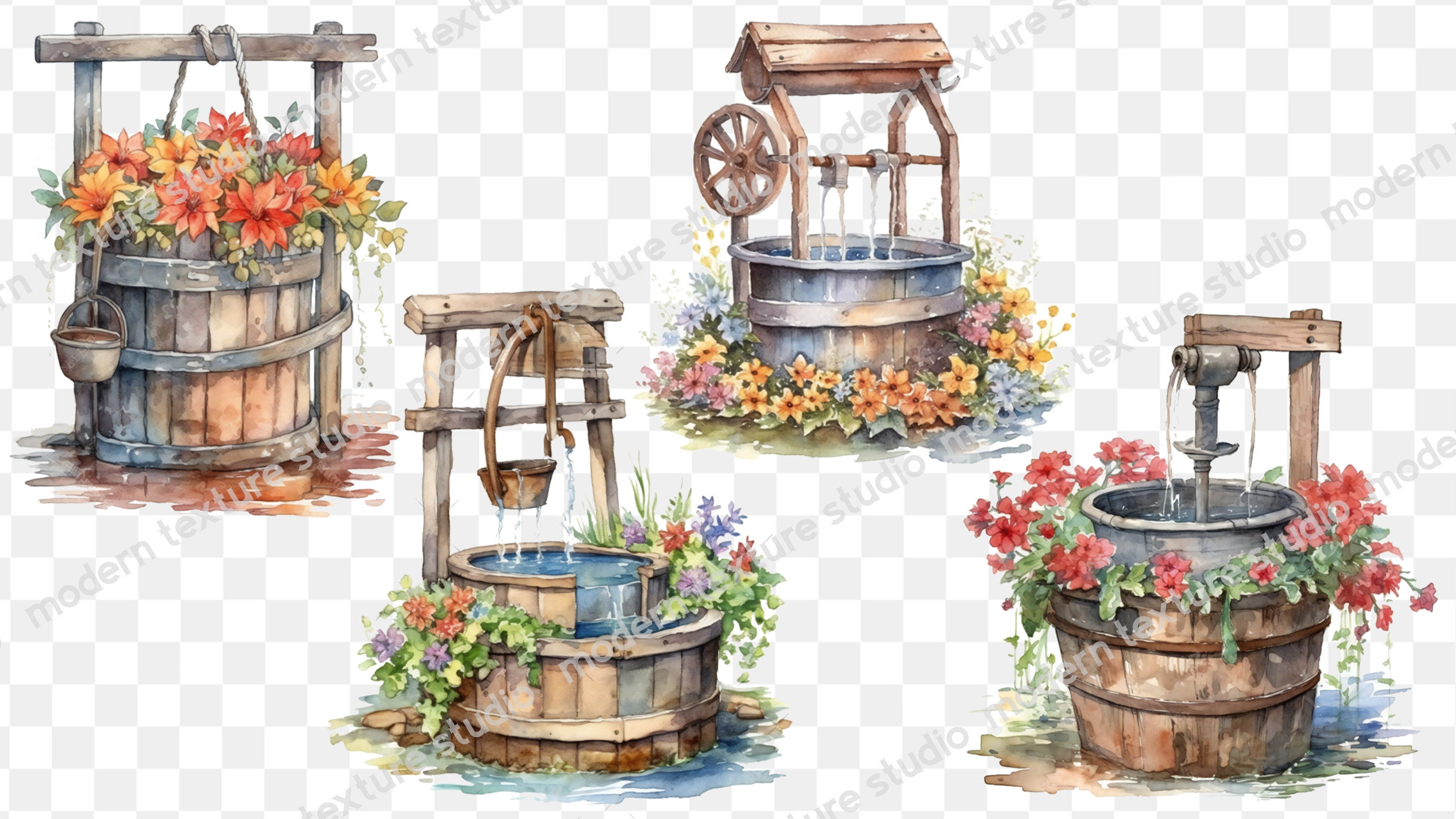 Watercolor Spring Water Wells Clipart - 14 Piece Springtime Cute Little ...