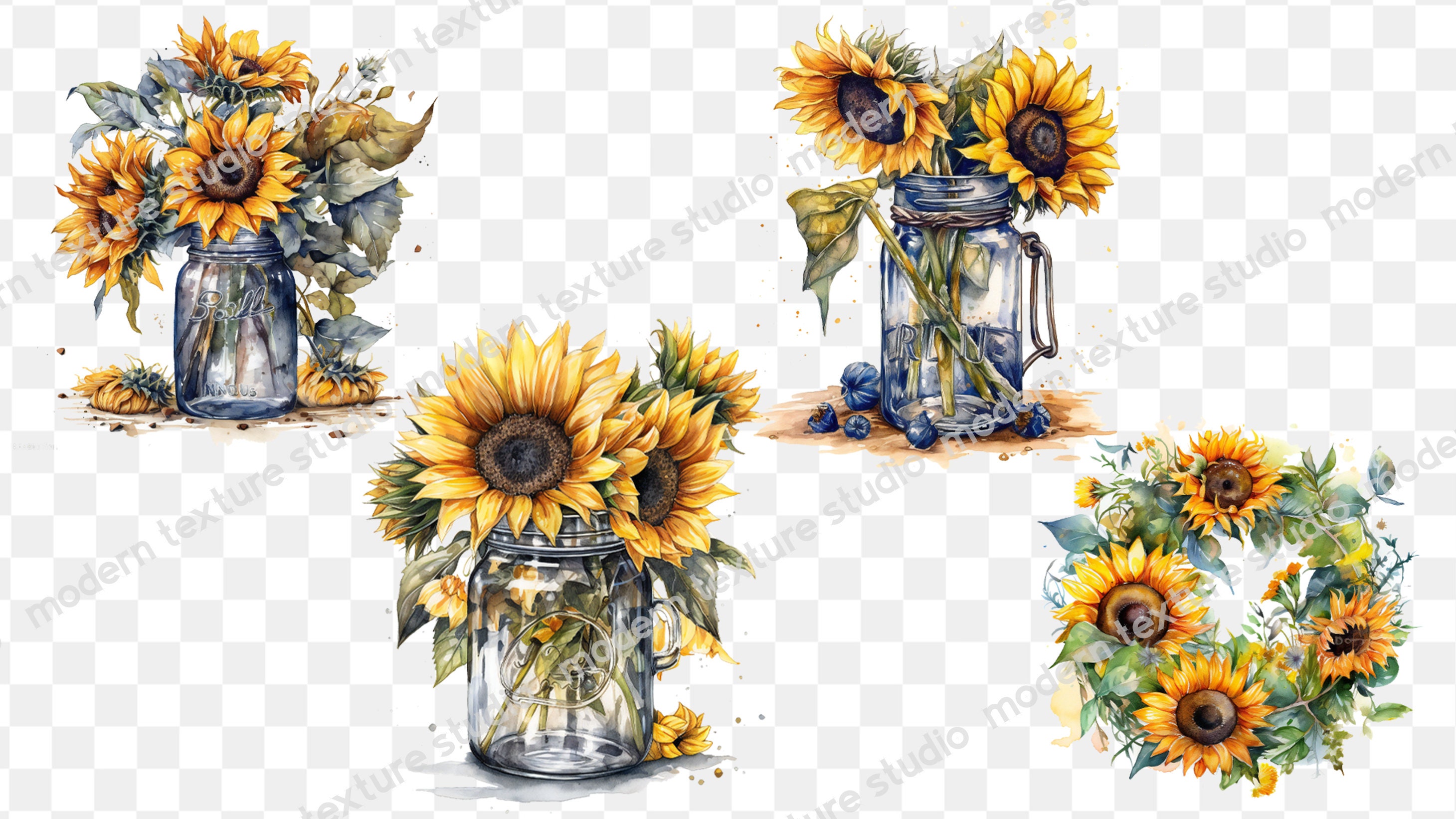 Watercolor Sunflower Pack Clipart - 20 Piece Fall Sunflower Floral ...