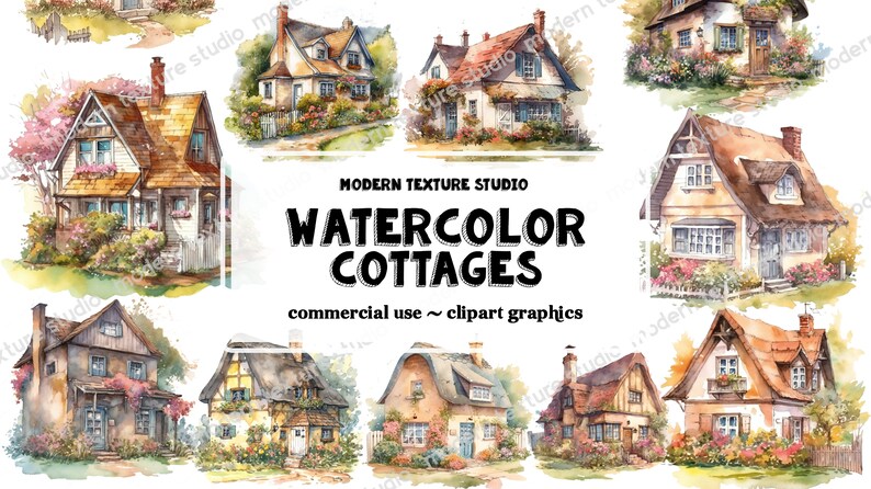 Watercolor Spring Cottages Clipart 15 Pc Springtime Cute - Etsy