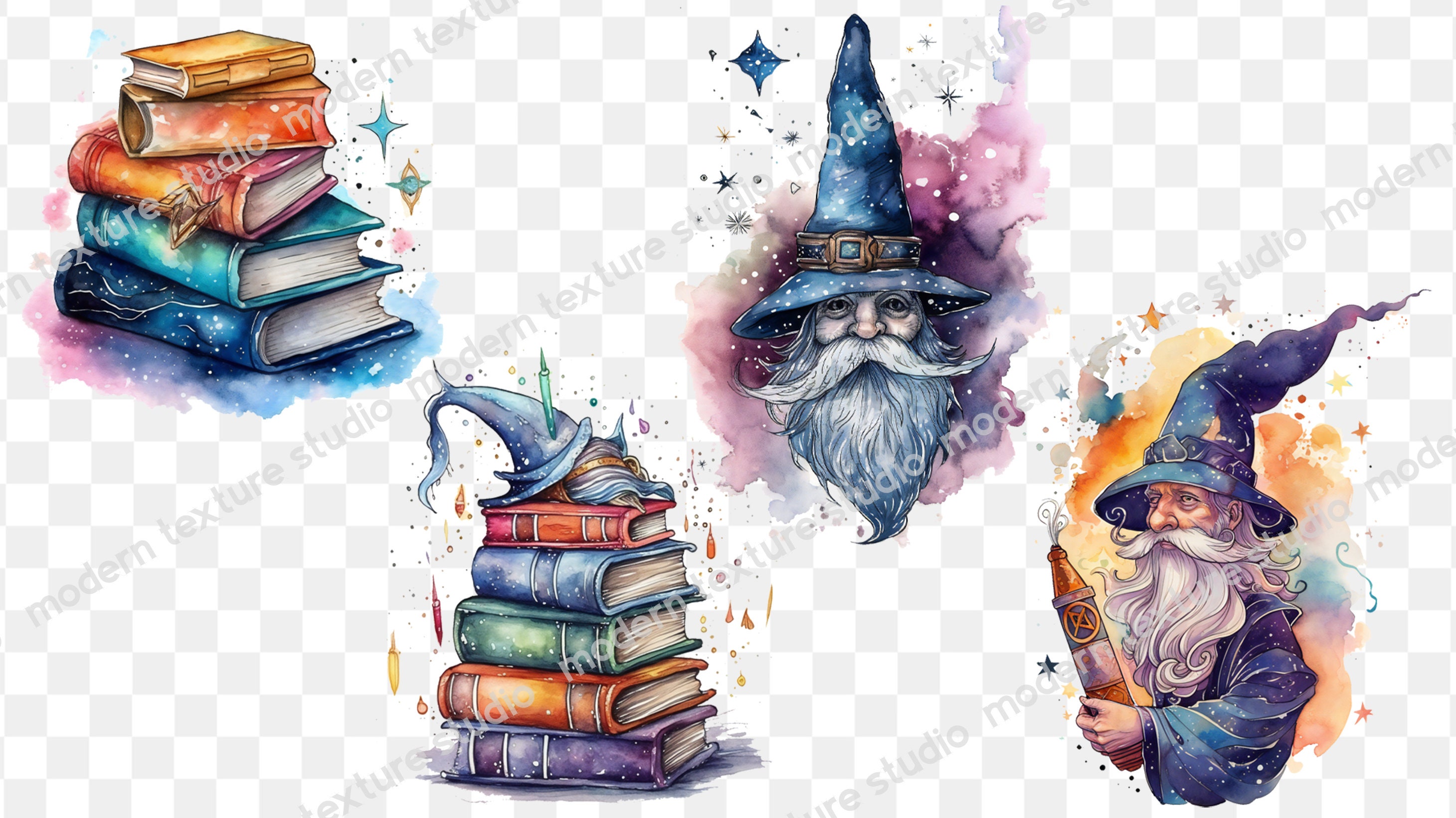 Watercolor Wizards Set Clipart - Galaxy Wizard Books Scrolls Lantern ...