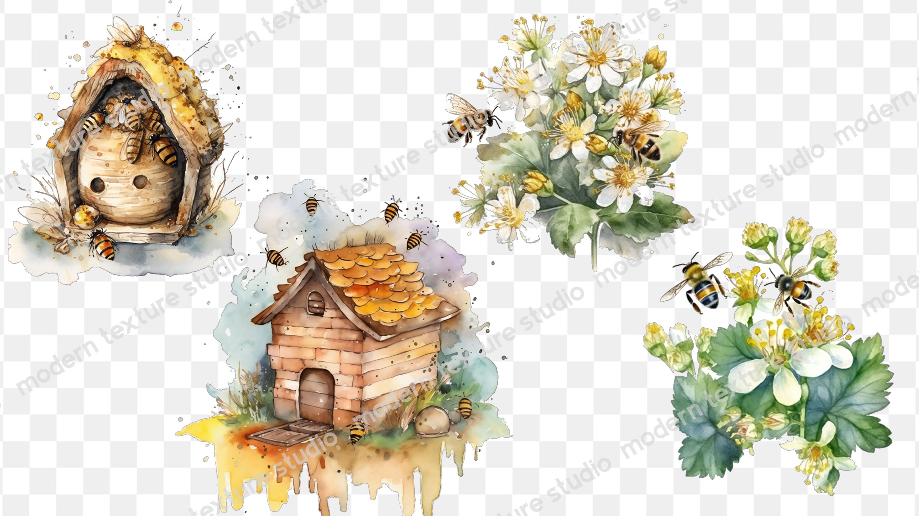 Watercolor Honey Bee Clipart 18 Piece Honey Bee Floral Honey - Etsy
