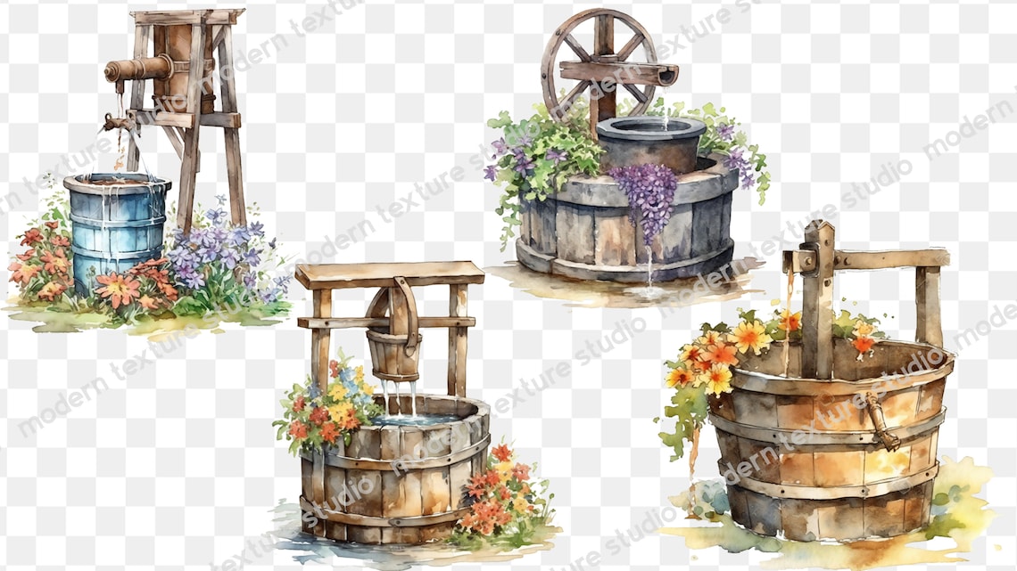 Watercolor Spring Water Wells Clipart - 14 Piece Springtime Cute Little ...