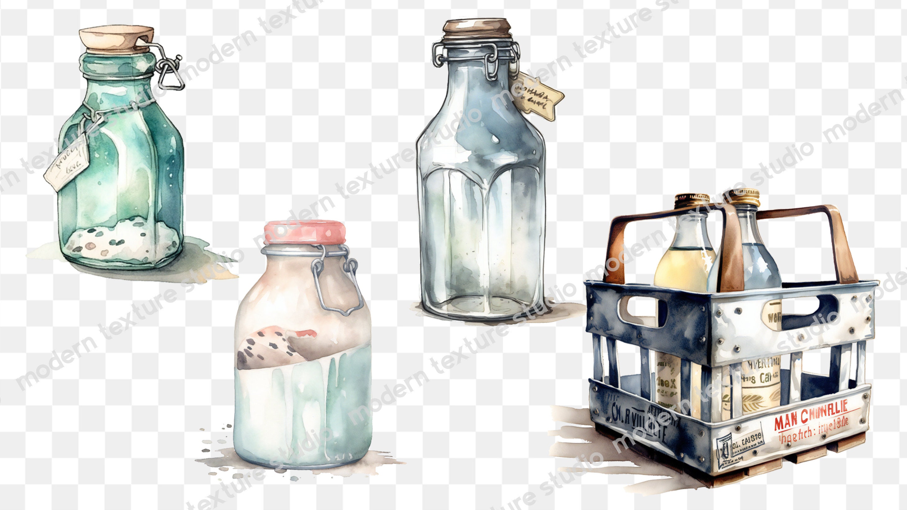 Watercolor Milk Bottles, Milk Crates, and Milk Trucks Clipart - Milk ...