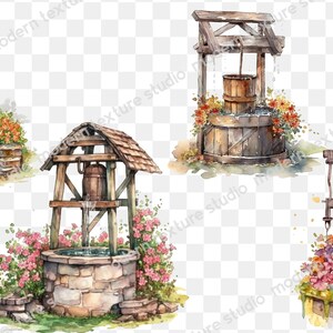Watercolor Spring Water Wells Clipart - 14 Piece Springtime Cute Little ...