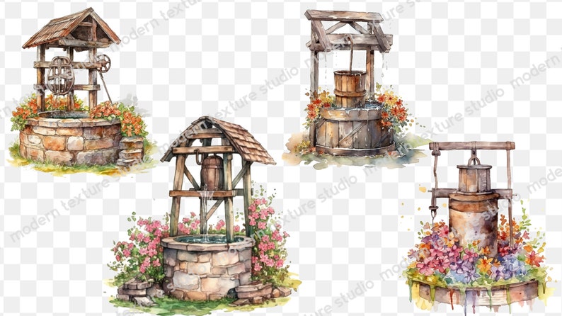 Watercolor Spring Water Wells Clipart - 14 Piece Springtime Cute Little ...