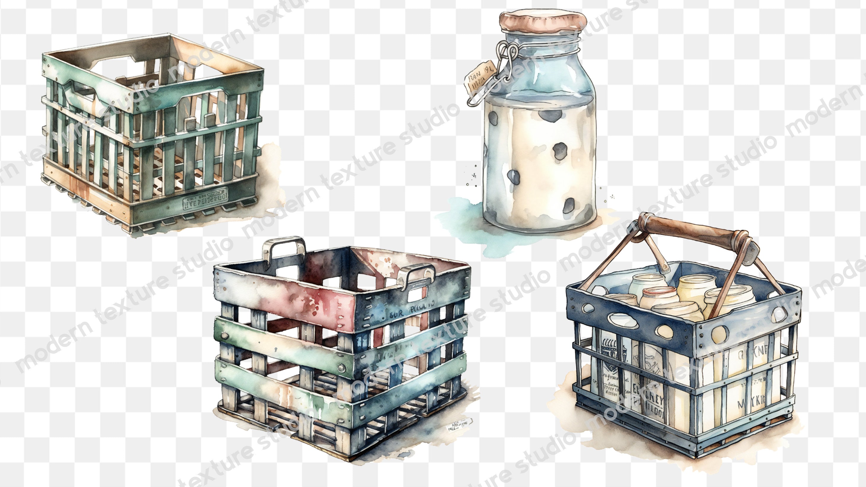 Watercolor Milk Bottles, Milk Crates, and Milk Trucks Clipart - Milk ...