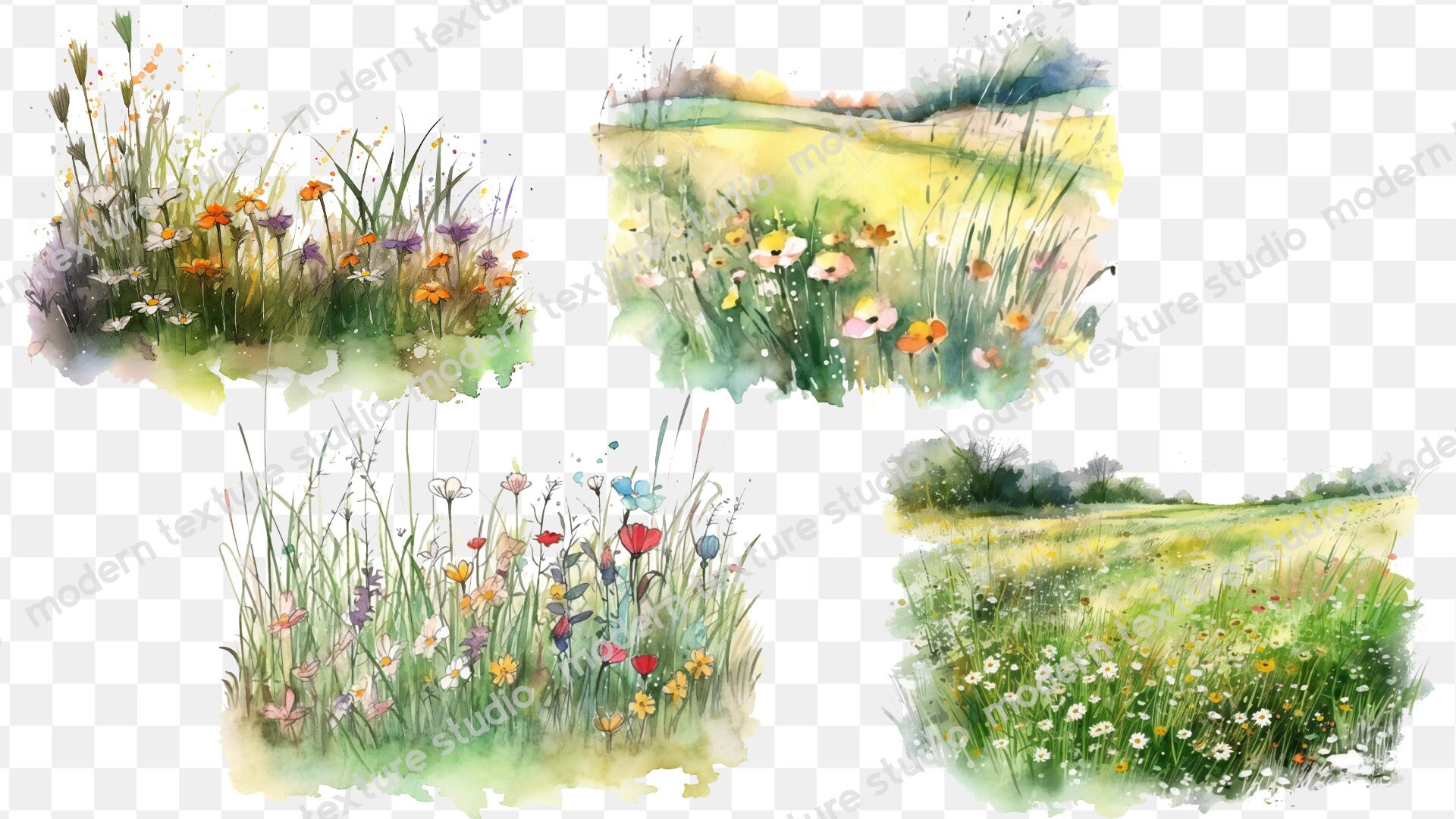 Watercolor Spring Meadow Clipart - Wildflower Field Scape in Springtime ...