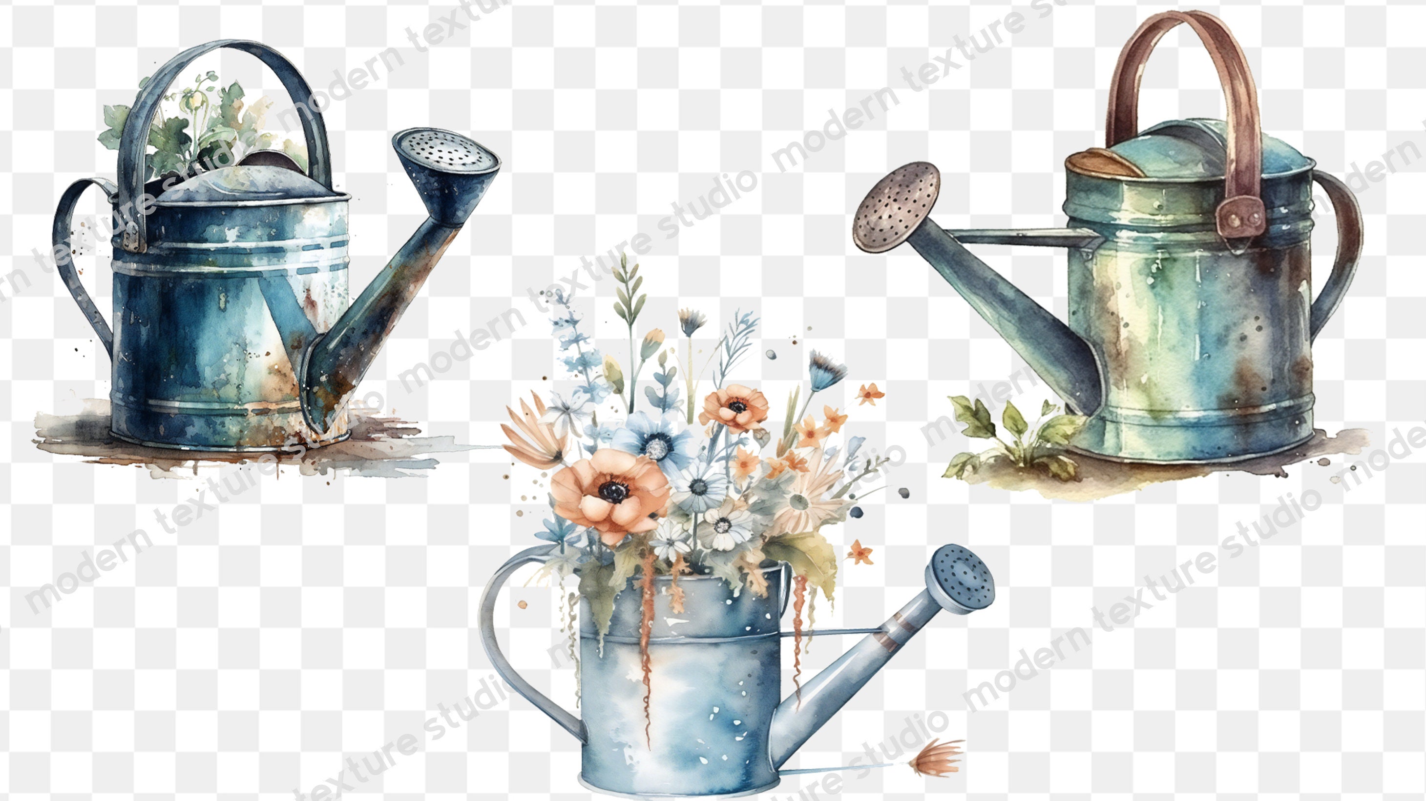 Watercolor Floral Watering Cans Clipart 15 Piece Floral Gardening ...