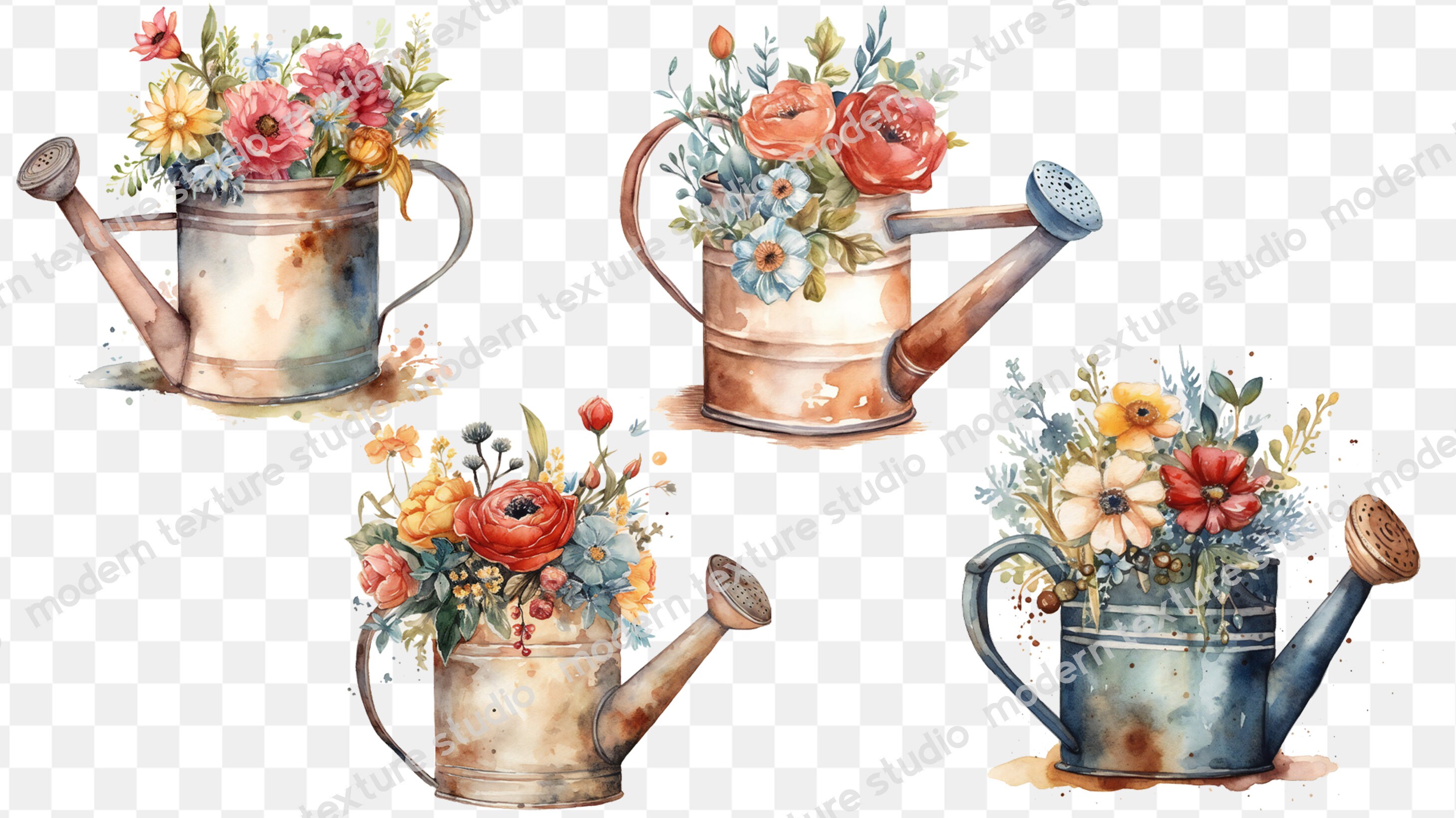 Watercolor Floral Watering Cans Clipart 15 Piece Floral Gardening ...