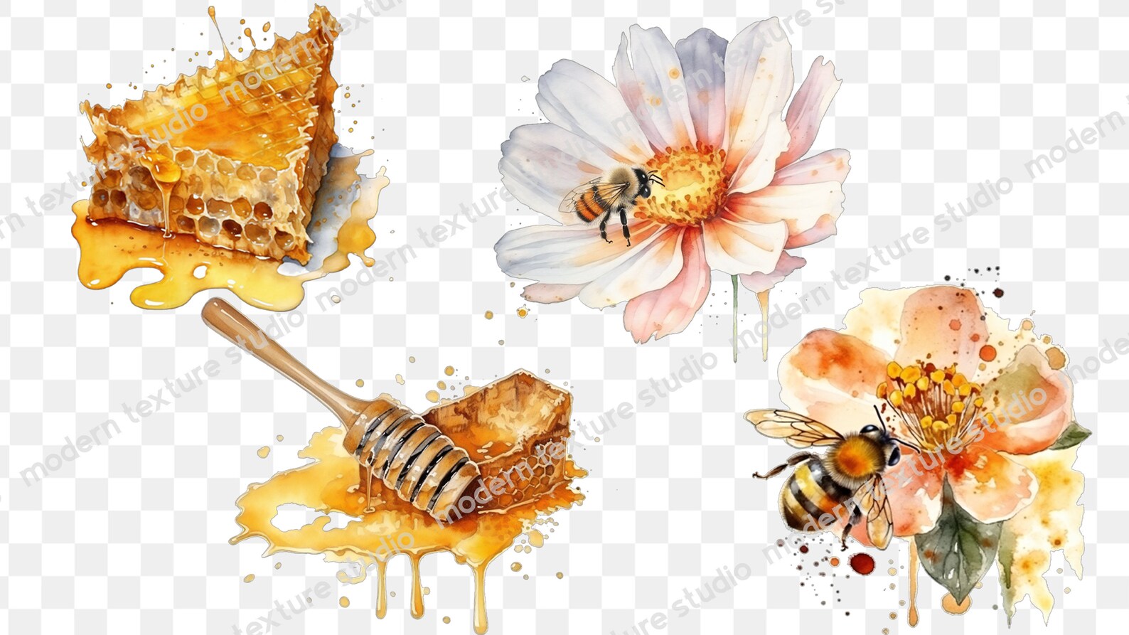 Watercolor Honey Bee Clipart - 18 Piece Honey Bee Floral Honey Jar Bee ...