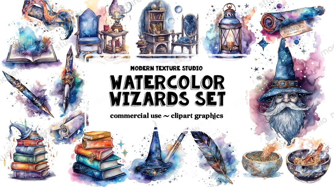 Watercolor Wizards Set Clipart - Galaxy Wizard Books Scrolls Lantern ...