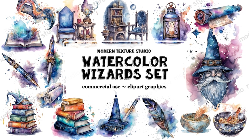 Watercolor Wizards Set Clipart - Galaxy Wizard Books Scrolls Lantern ...