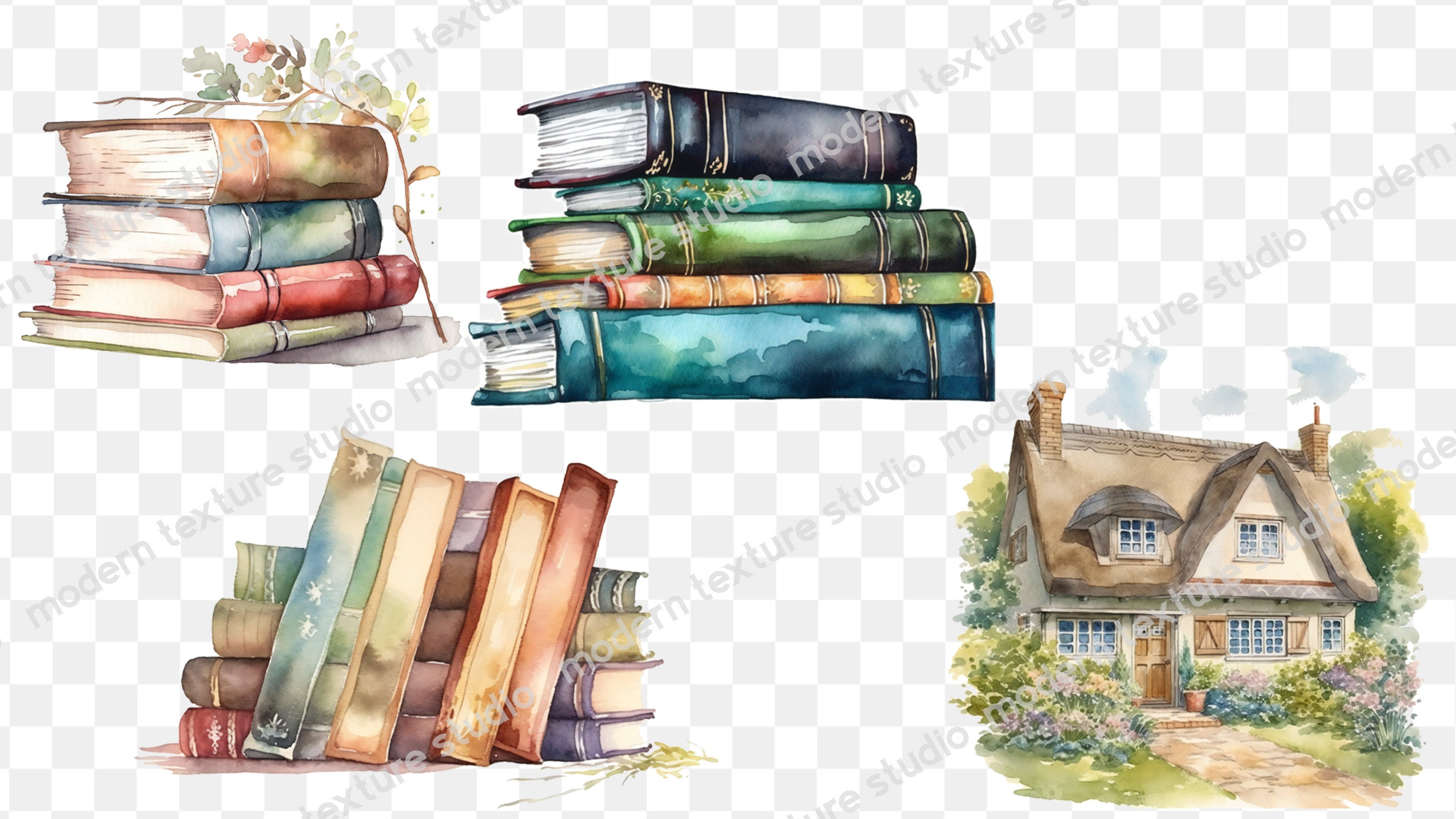 Watercolor Cottagecore Books Clipart 20 Piece Transparent Floral ...