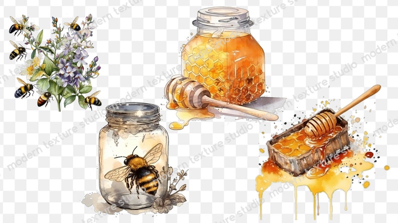 Watercolor Honey Bee Clipart - 18 Piece Honey Bee Floral Honey Jar Bee ...