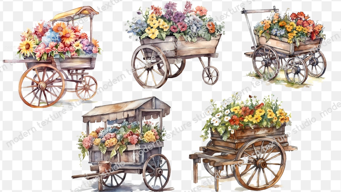Watercolor Flower Carts Clipart 17 Piece Transparent - Etsy