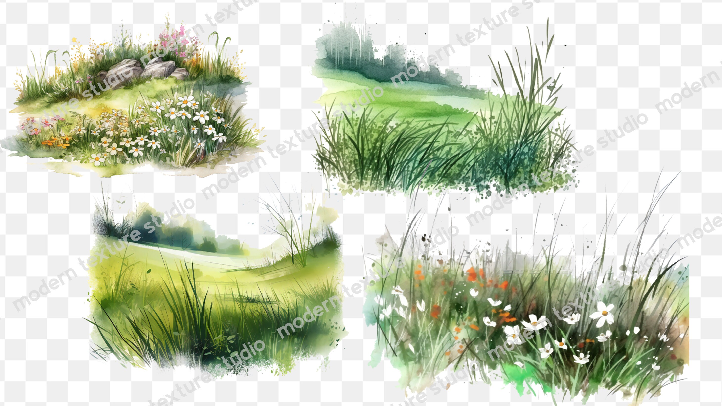 Watercolor Spring Meadow Clipart - Wildflower Field Scape in Springtime ...