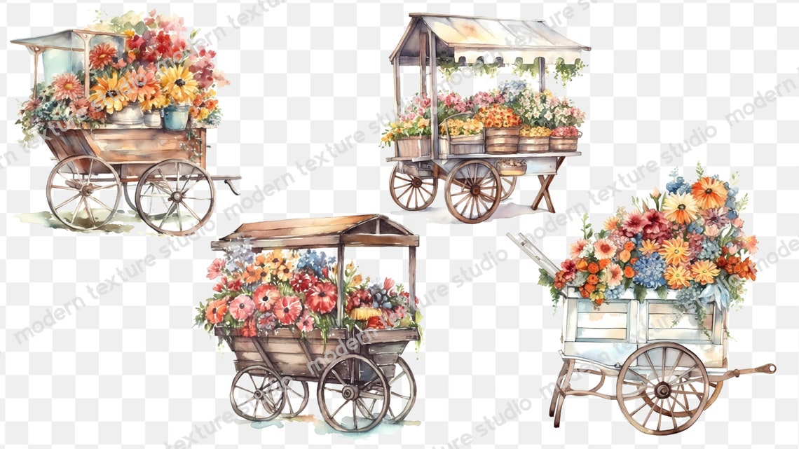 Watercolor Flower Carts Clipart 17 Piece Transparent - Etsy