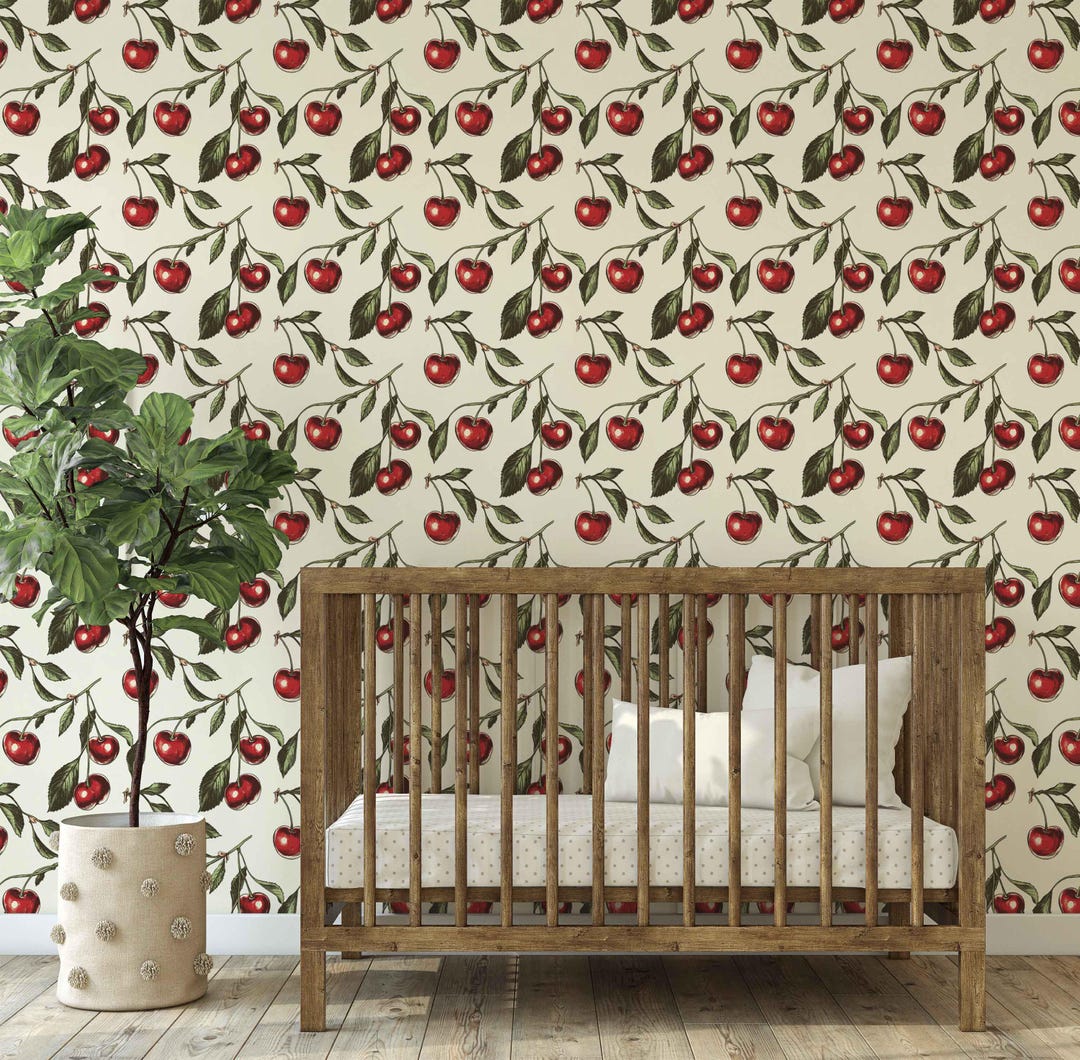 Vintage Cherry Pattern Wallpaper for Nursery, Retro Wall Mural, Fruit ...