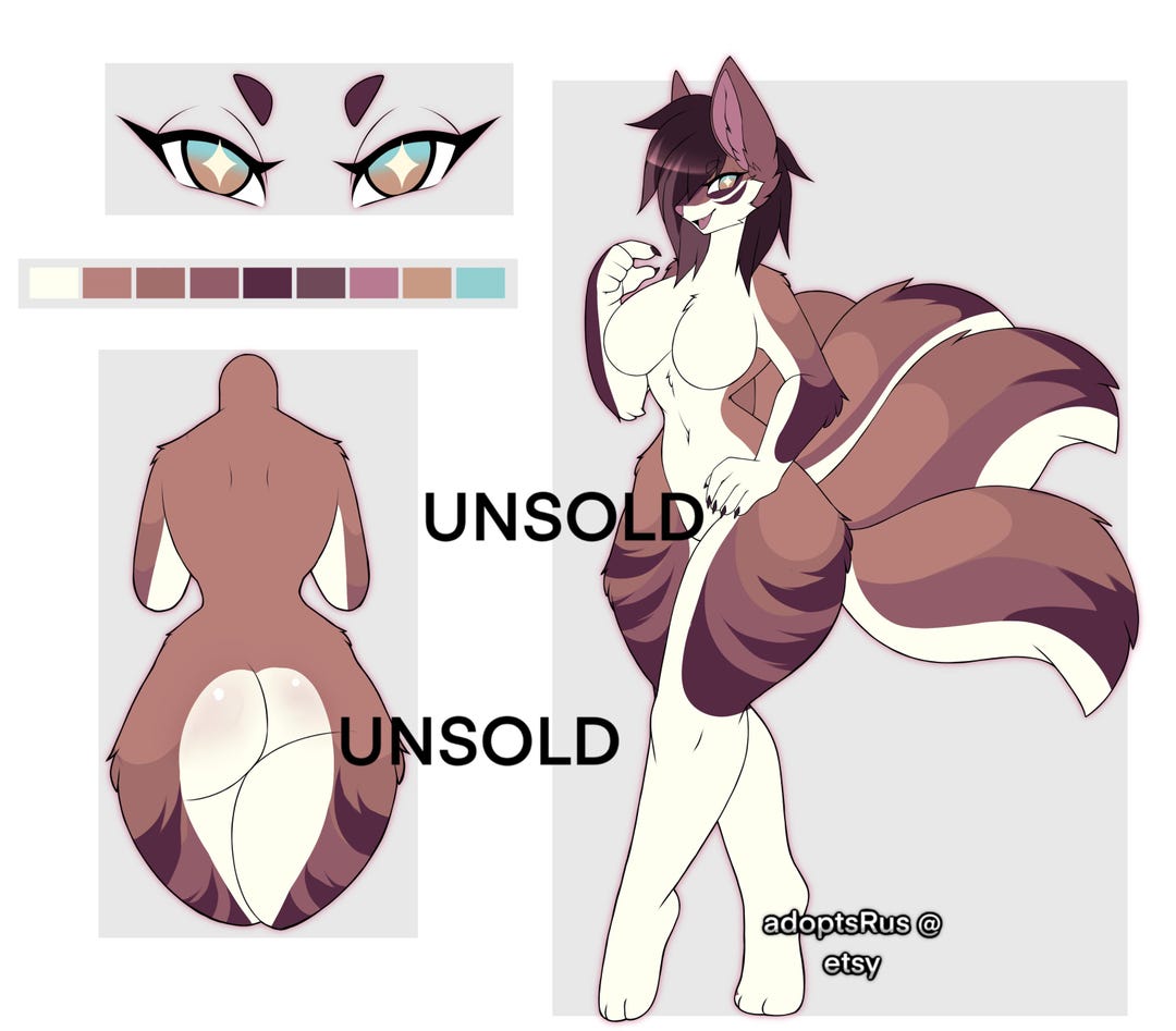 NSFW Cute Feminine Female Tan Orange Brown Purple Striped Kitsune Canine Fursona Full Furry Ref ...