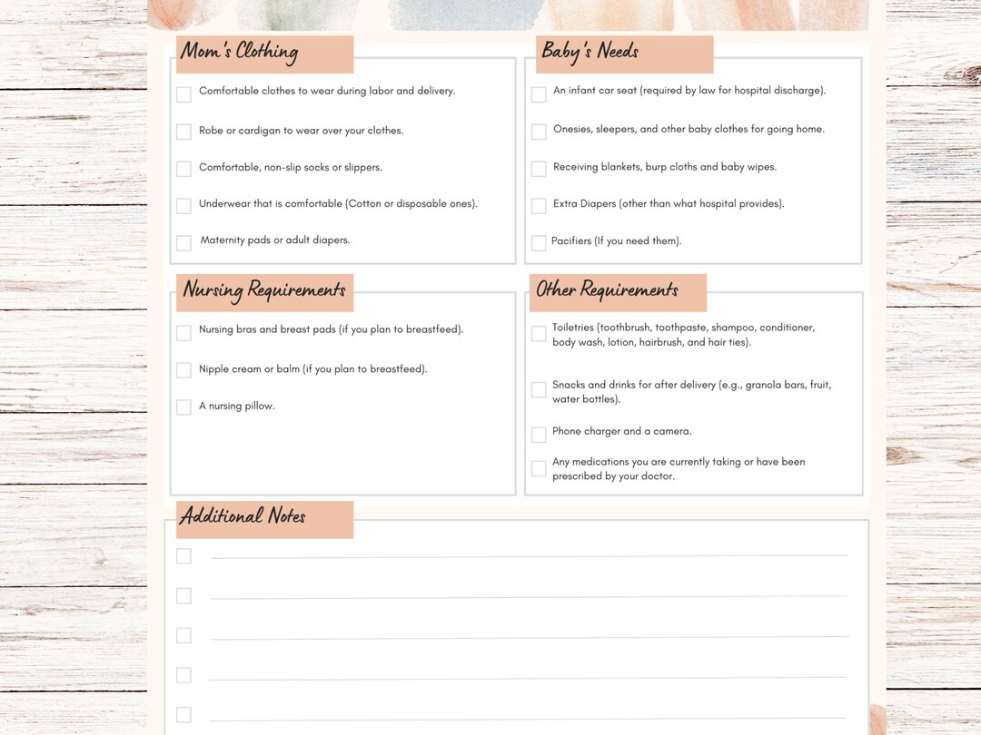 Hospital Bag Checklist, Delivery and Labor Checklist, for Mom, for Baby ...