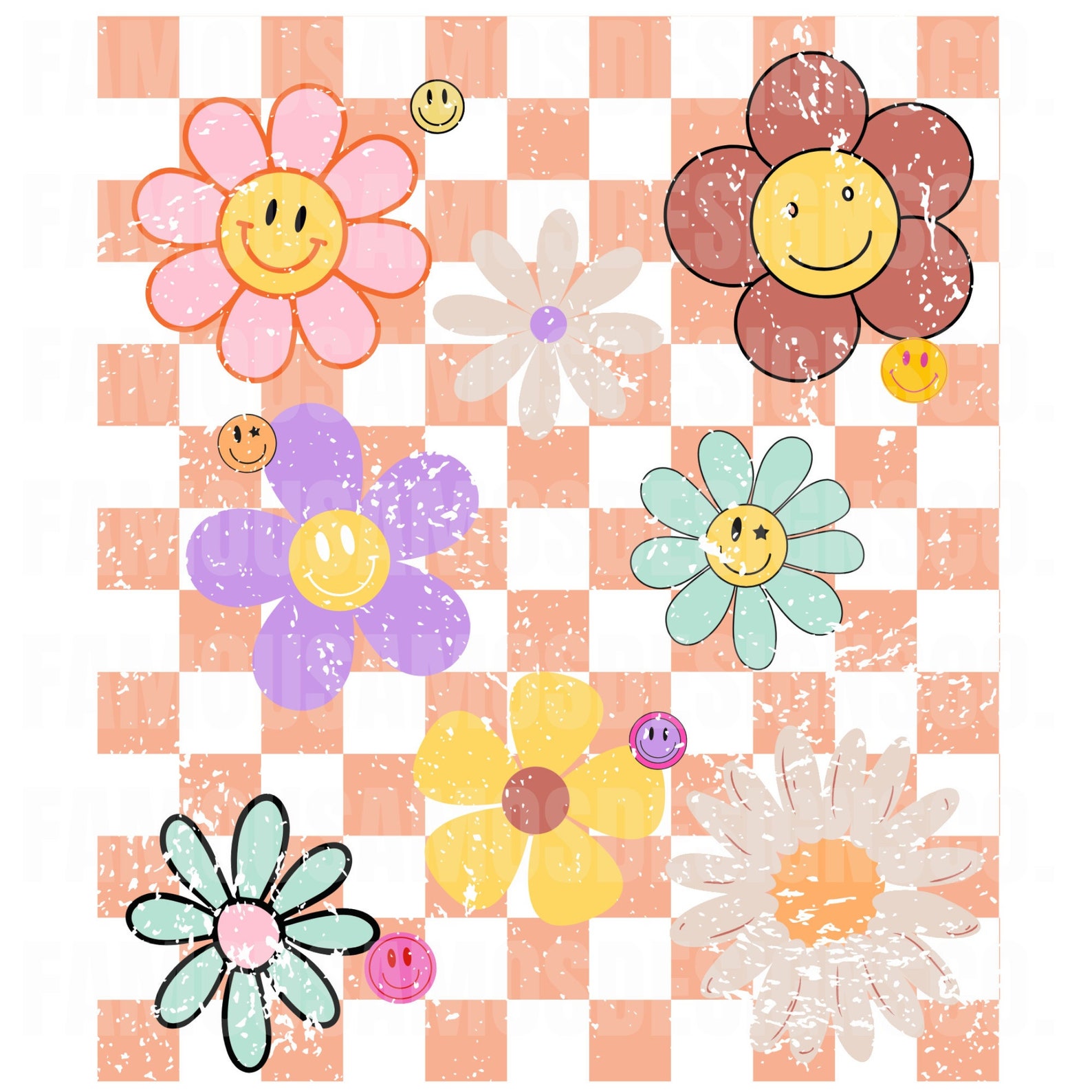 Checkered Flower Smiley Face Design | Png Digital Download Design ...