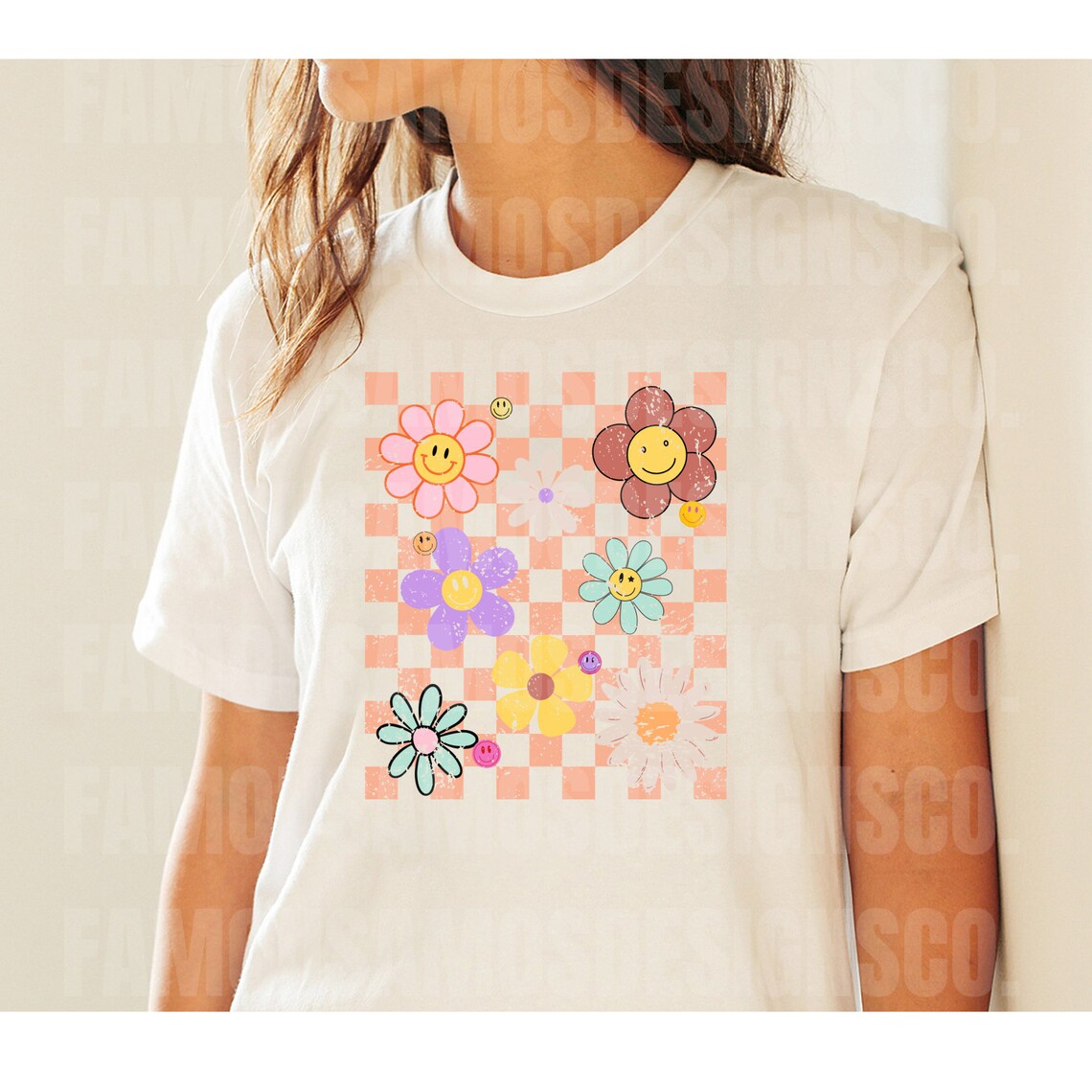 Checkered Flower Smiley Face Design | Png Digital Download Design ...