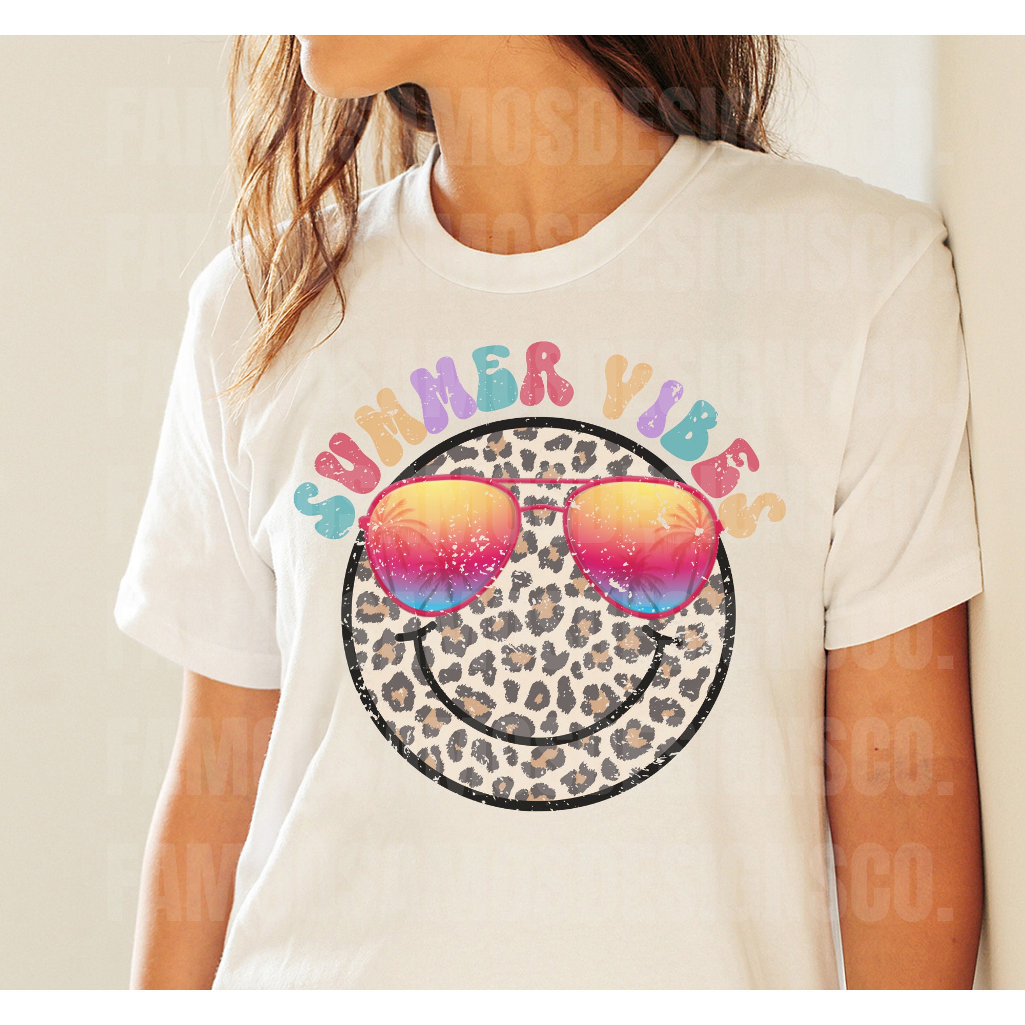 Summer Vibes Cheetah Smiley Face PNG | Sublimation Tee Design (digital ...