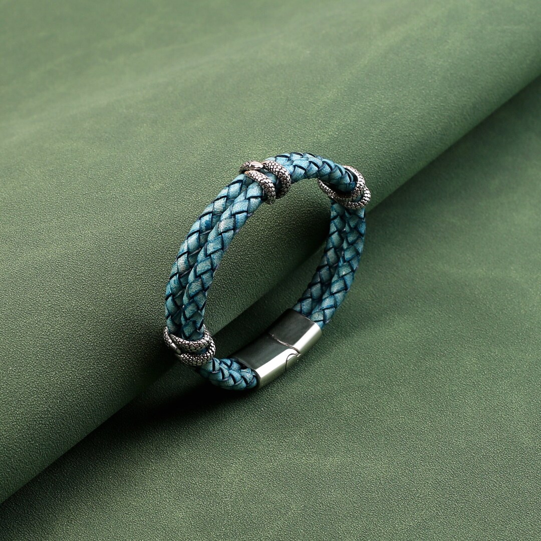 Double Woven Men's Bracelet, Personalized Leather&silver Bracelet, Punk ...