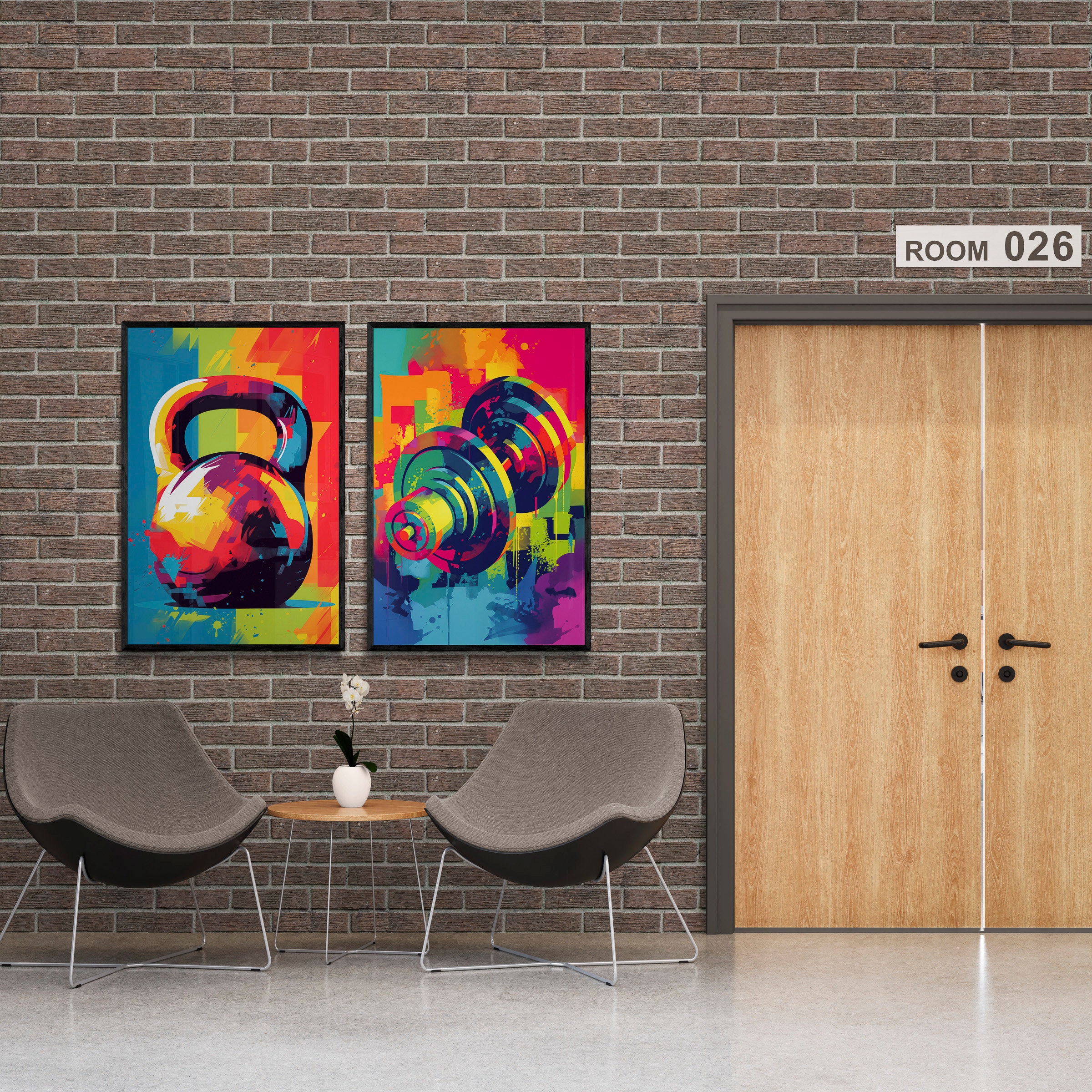 Set of 2 Gym Wall Art, Dumbbell & Kettlebell, Floating Frame Canvas ...