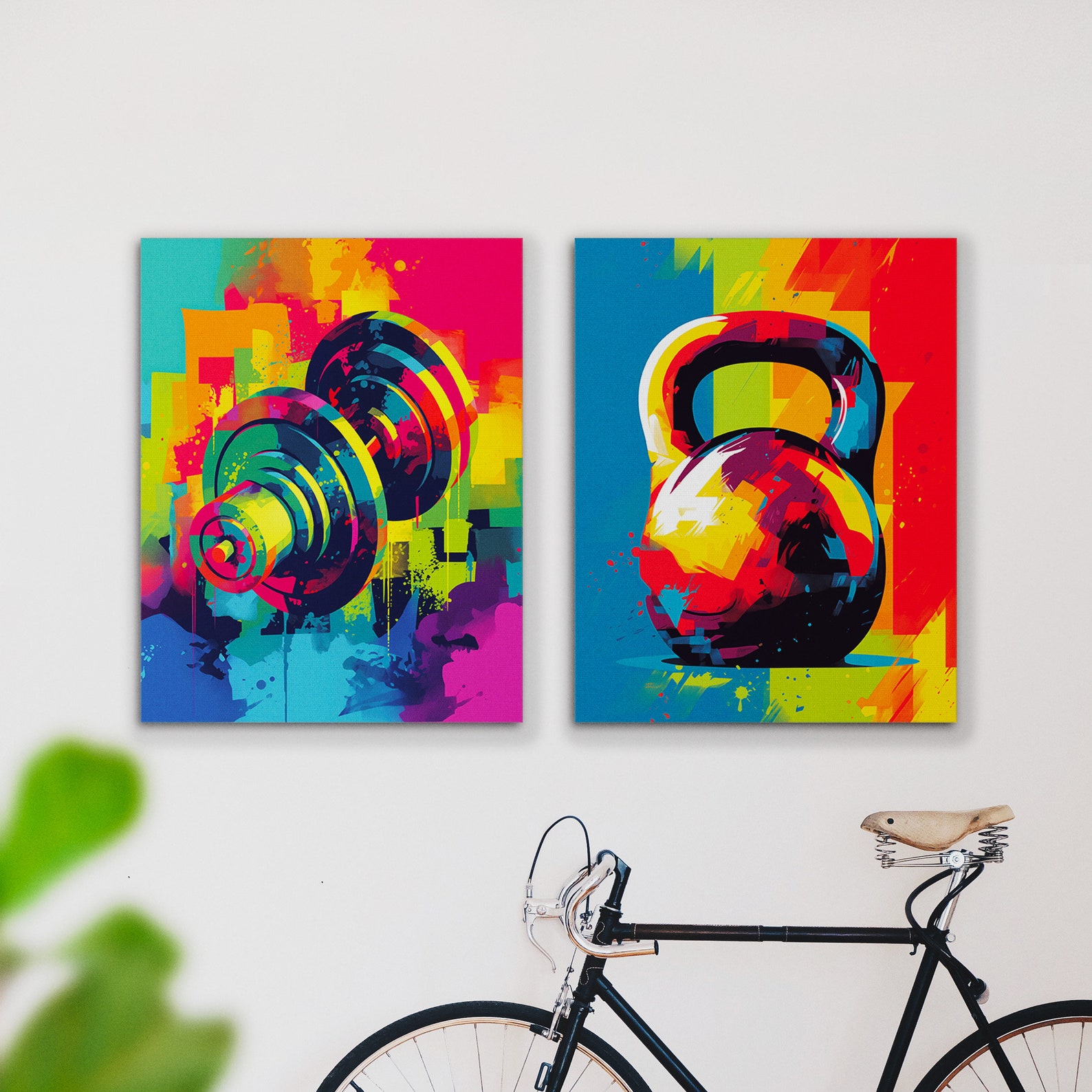 Gym Artwork Set of 2, Dumbbell & Kettlebell, Colorful Pop Art Style ...