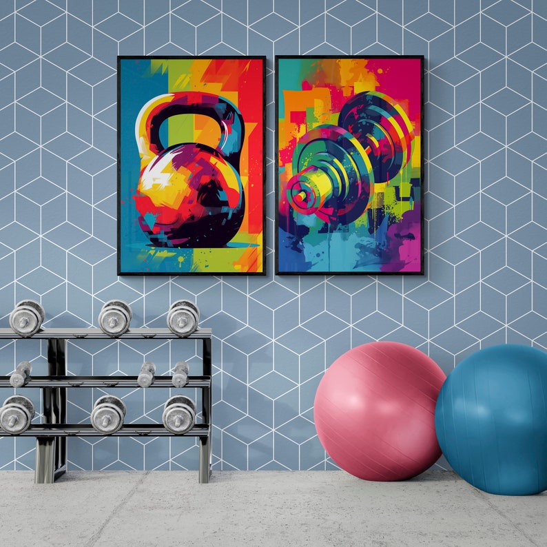Set of 2 Gym Wall Art, Dumbbell & Kettlebell, Floating Frame Canvas ...