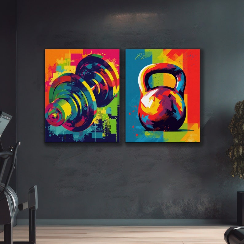 Gym Artwork Set of 2, Dumbbell & Kettlebell, Colorful Pop Art Style ...