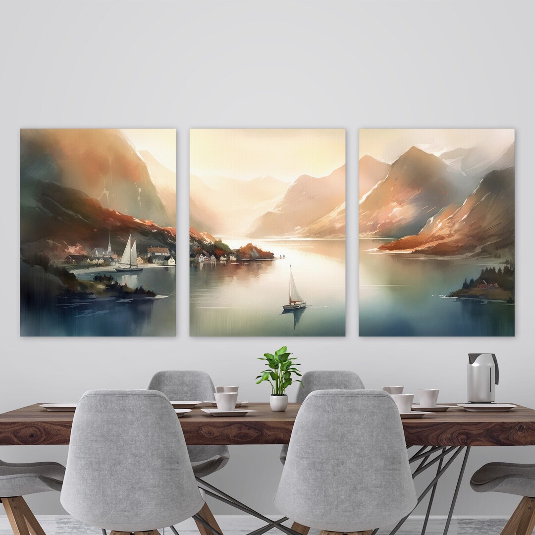 Fjord Sunset Wall Art Set of 3, Sailing Boat Prints, Watercolor ...