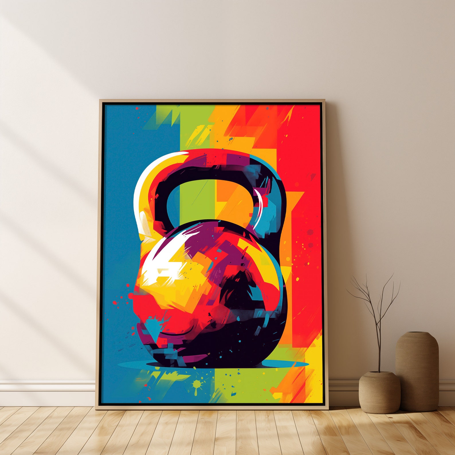 Gym Artwork Set of 2, Dumbbell & Kettlebell, Colorful Pop Art Style ...
