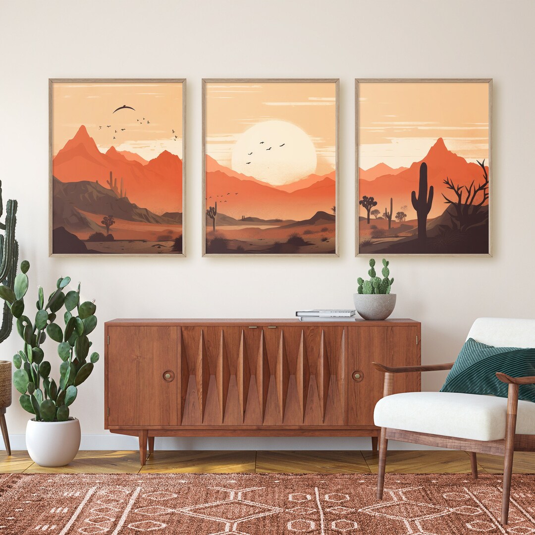 Desert Mountain Triptych, Set of 3 Prints, Terra Cotta Sunset Wall Art ...
