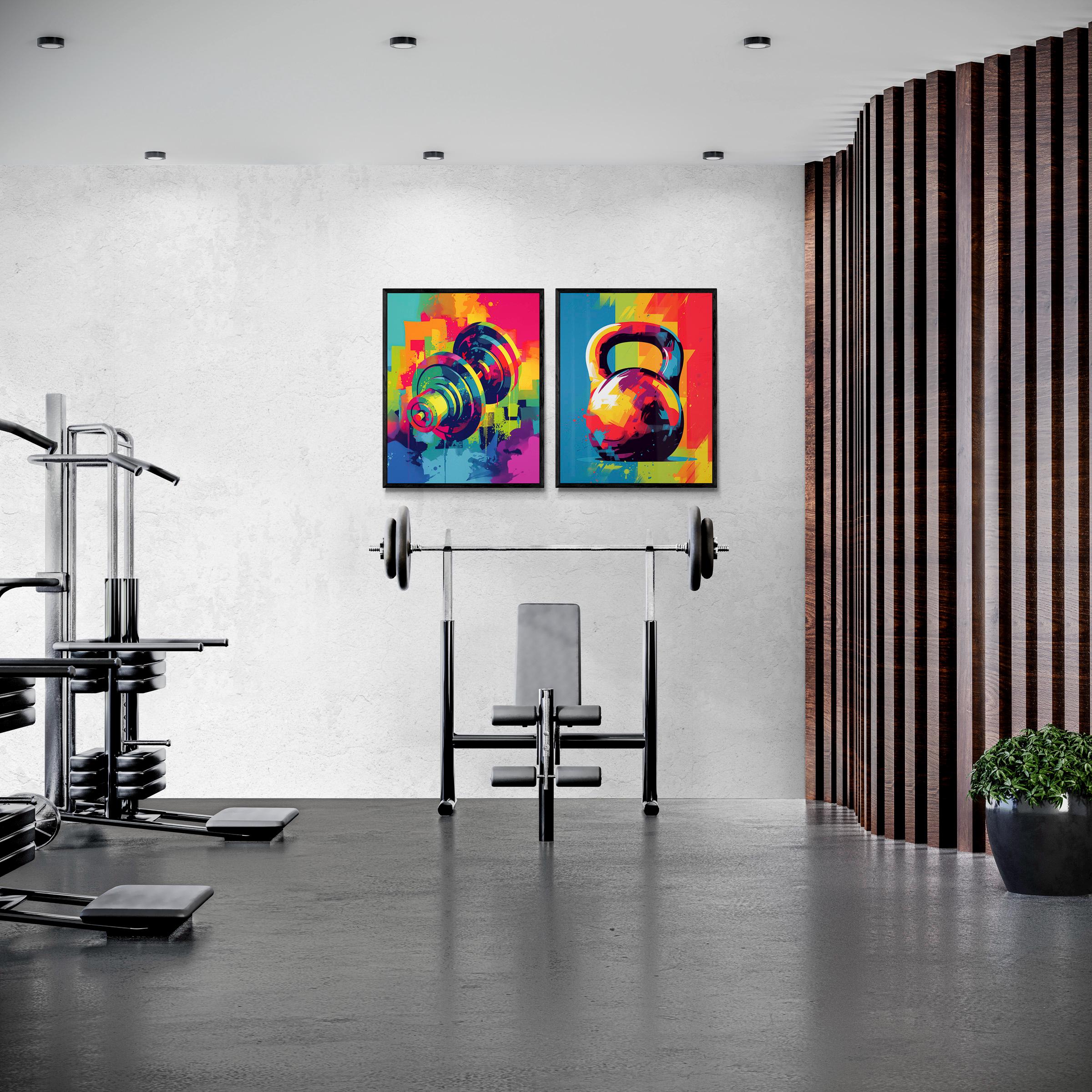 Gym Wall Decor Set of 2, Dumbbell & Kettlebell Framed Canvas Wall Art ...