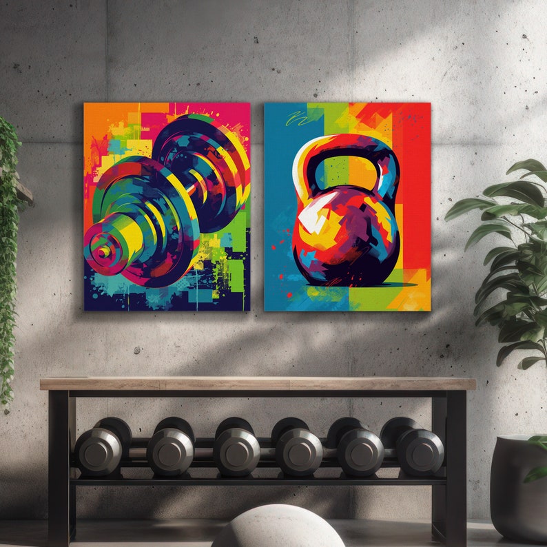 Gym Artwork Set of 2, Dumbbell & Kettlebell, Colorful Pop Art Style ...