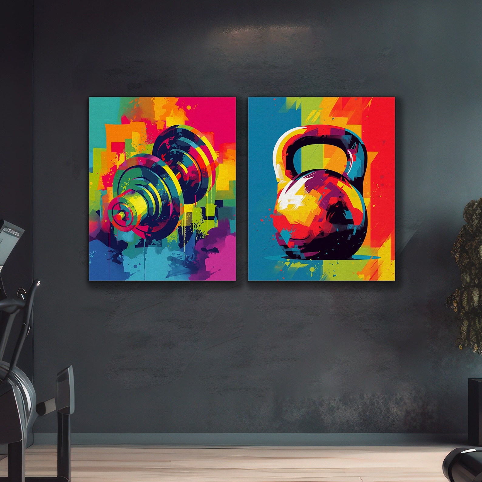 Gym Artwork Set of 2, Dumbbell & Kettlebell, Colorful Pop Art Style ...