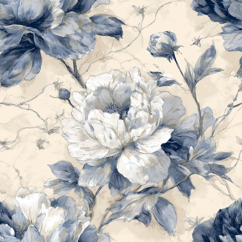 Blue Peony Wallpaper, Peel and Stick Floral Wallpaper, Classic Toile ...
