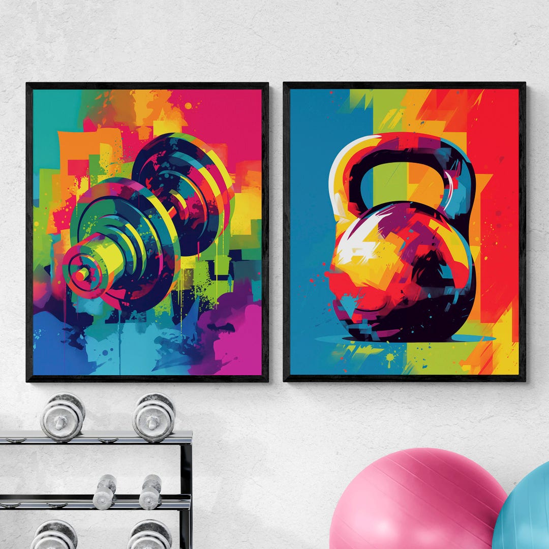 Set of 2 Gym Wall Art, Dumbbell Kettlebell Framed Canvas, Colorful ...