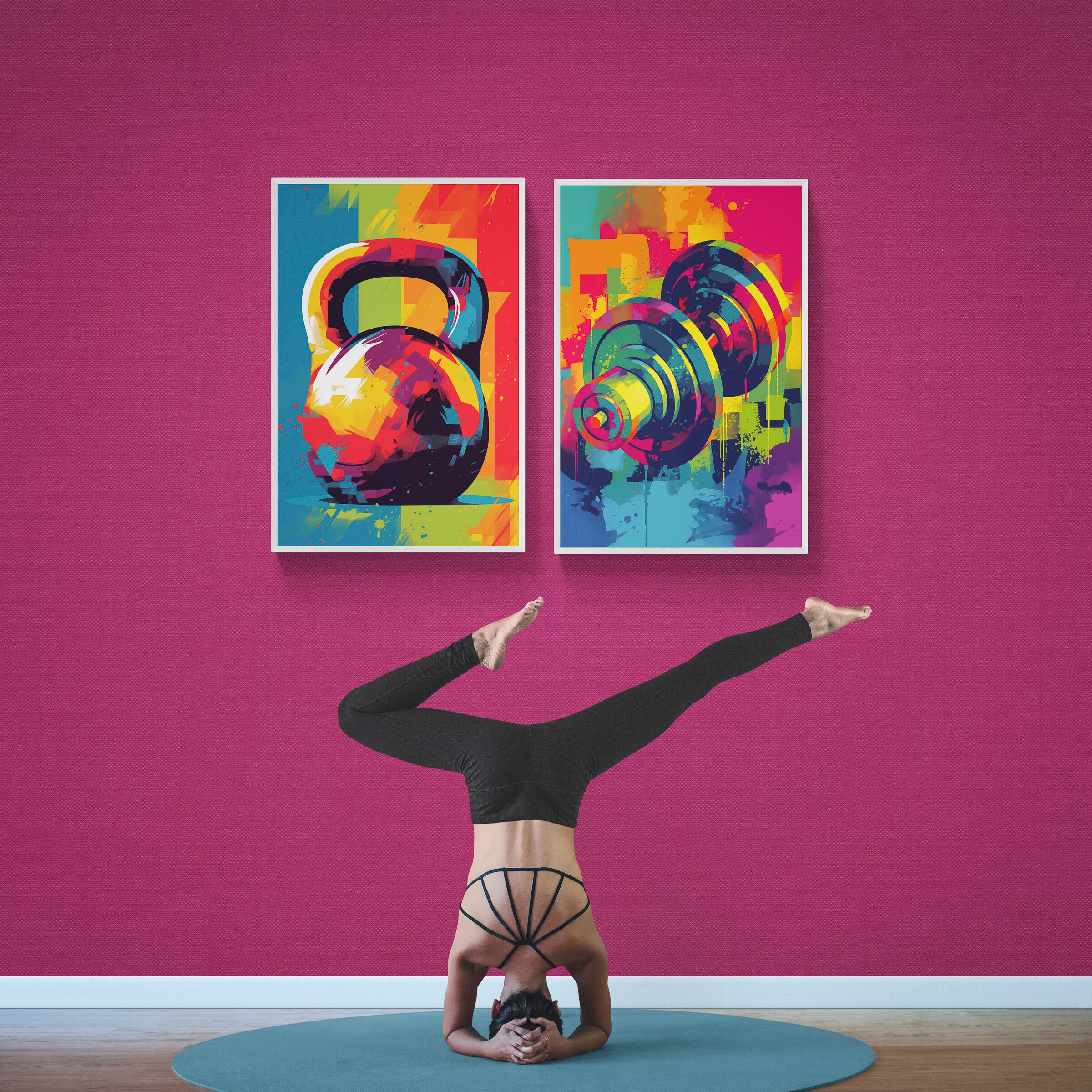 Set of 2 Gym Wall Art, Dumbbell & Kettlebell, Floating Frame Canvas ...