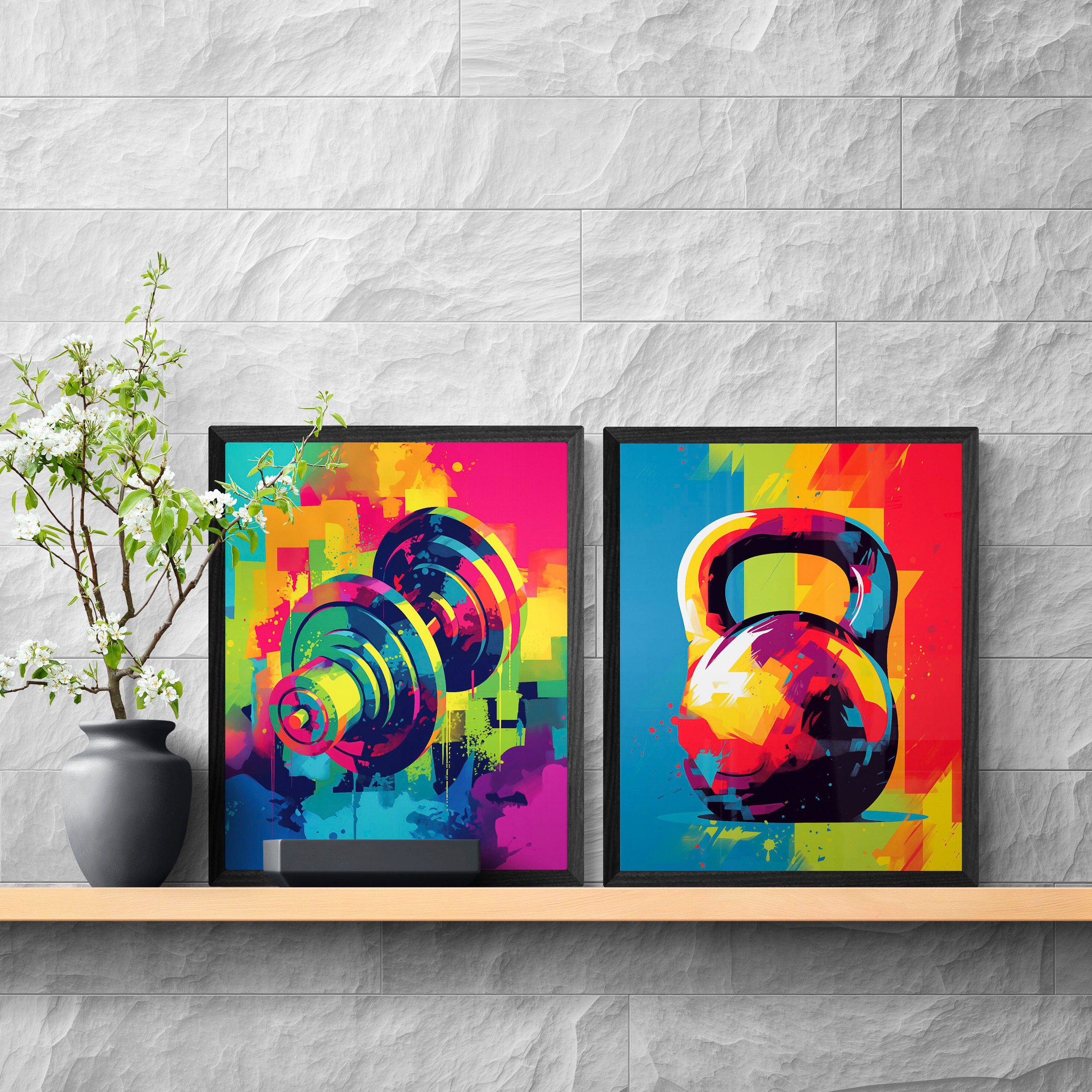 Set of 2 Gym Wall Art, Dumbbell & Kettlebell, Workout Canvas Wall Art ...