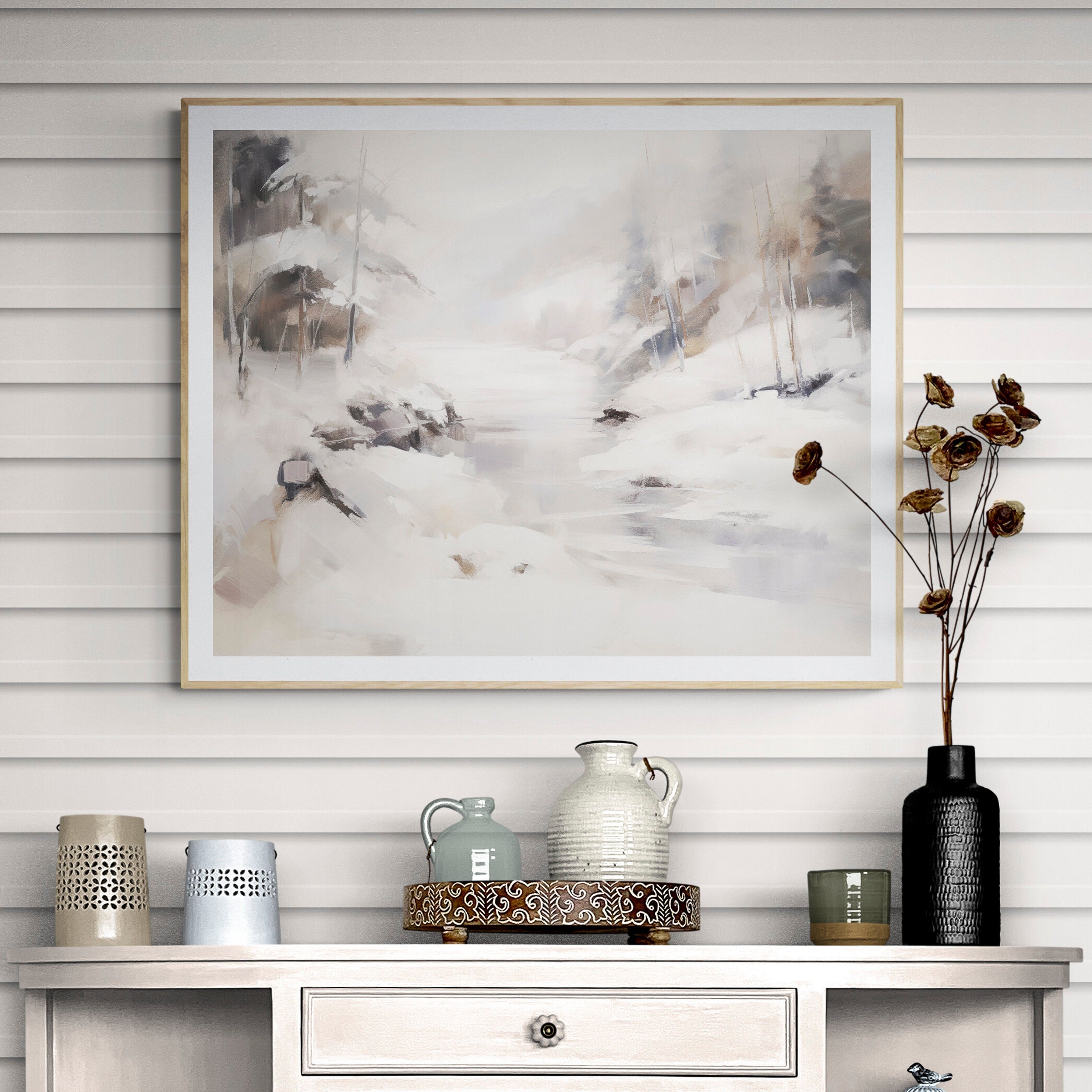 Snow Scene Winter Landscape Art Print, Muted Abstract Painting, Winter ...