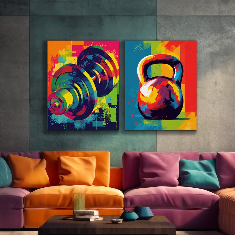 Gym Artwork Set of 2 Dumbbell & Kettlebell Colorful Pop Art - Etsy