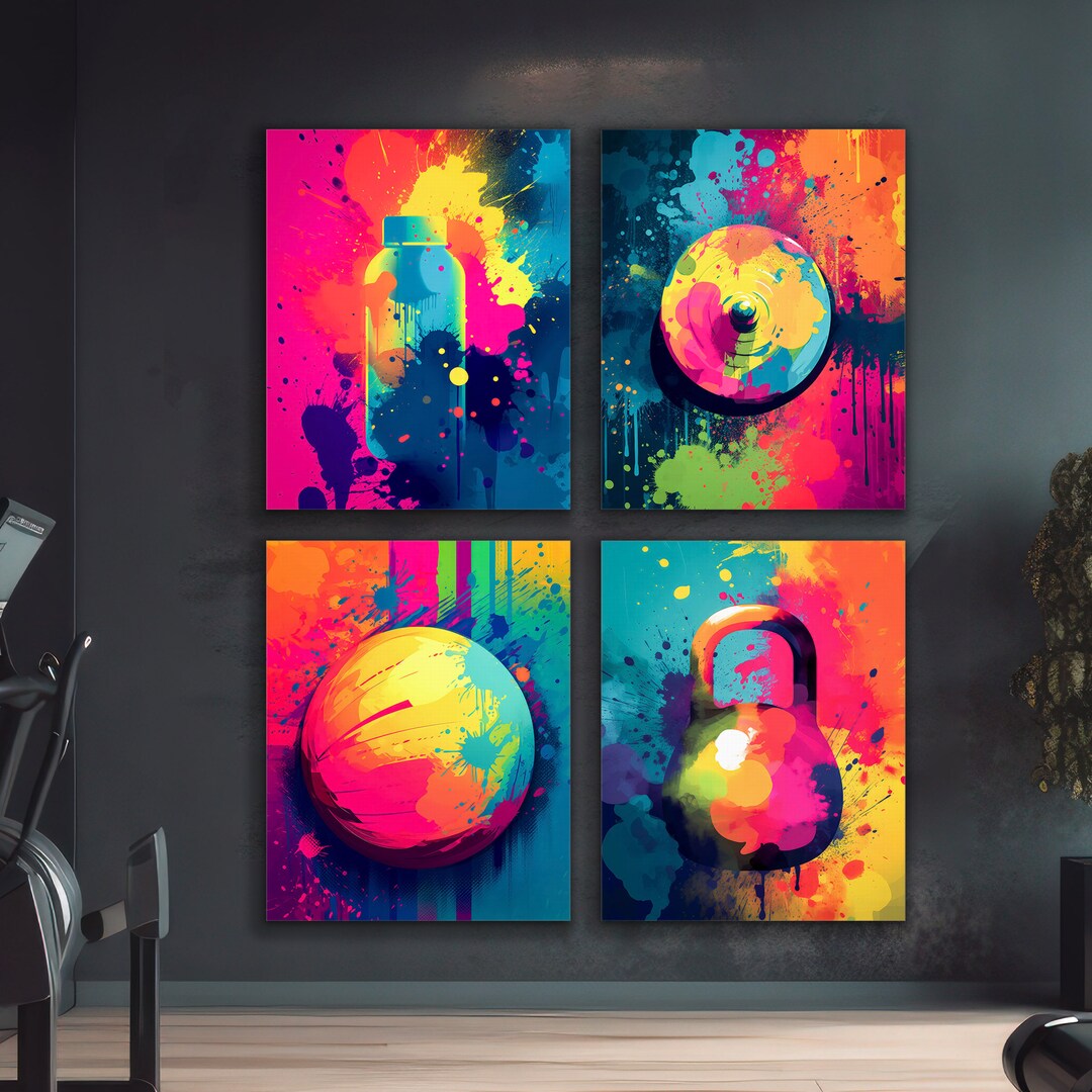 Set of 4 Gym Wall Art, Colorful Fitness Posters, Workout Motivation ...