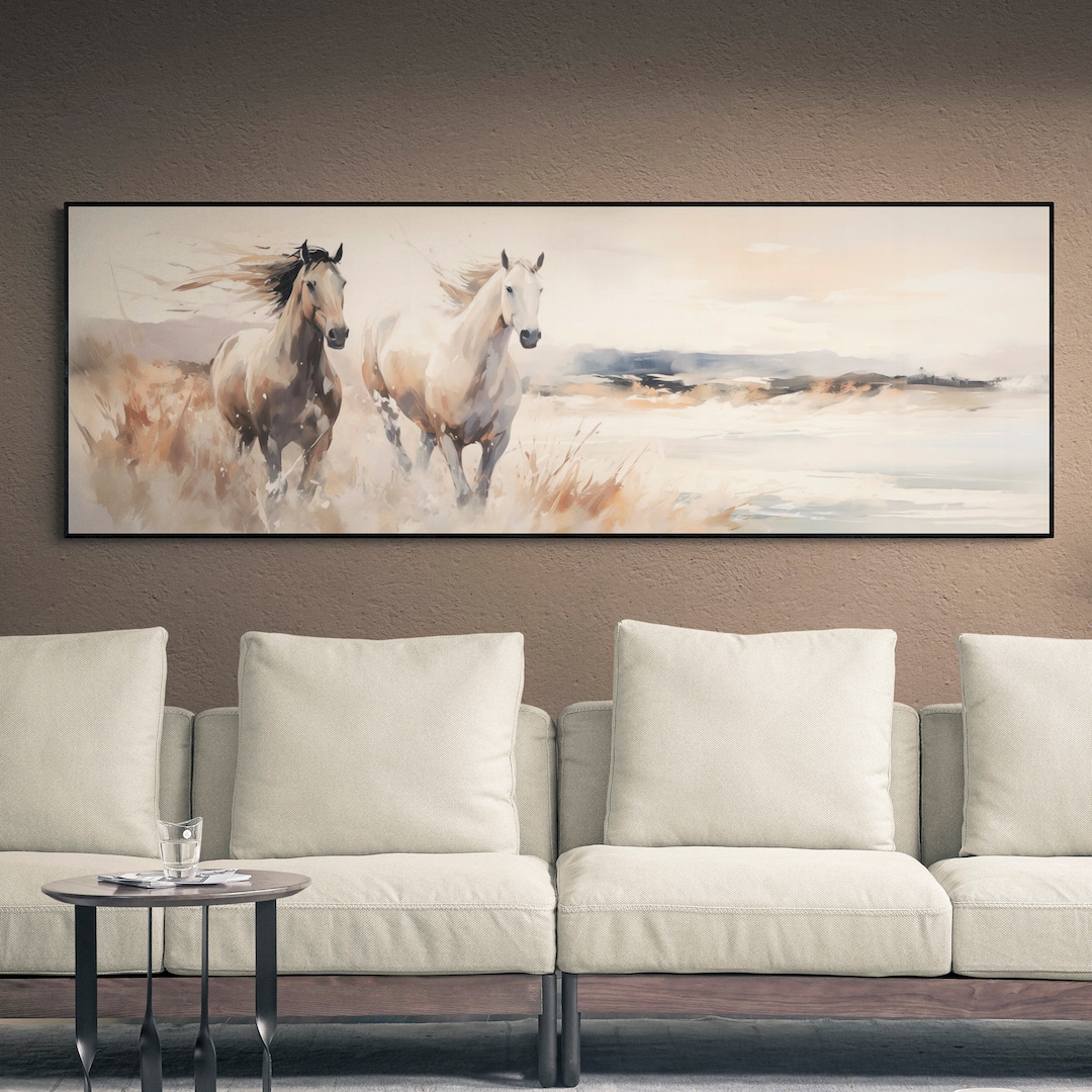 Panoramic Horse Canvas Art With Float Frame, Galloping Horses Beach ...