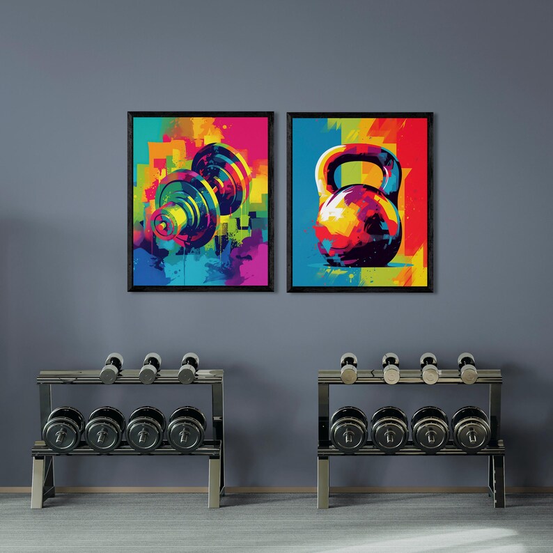 Gym Wall Decor Set of 2, Dumbbell & Kettlebell Framed Canvas Wall Art ...